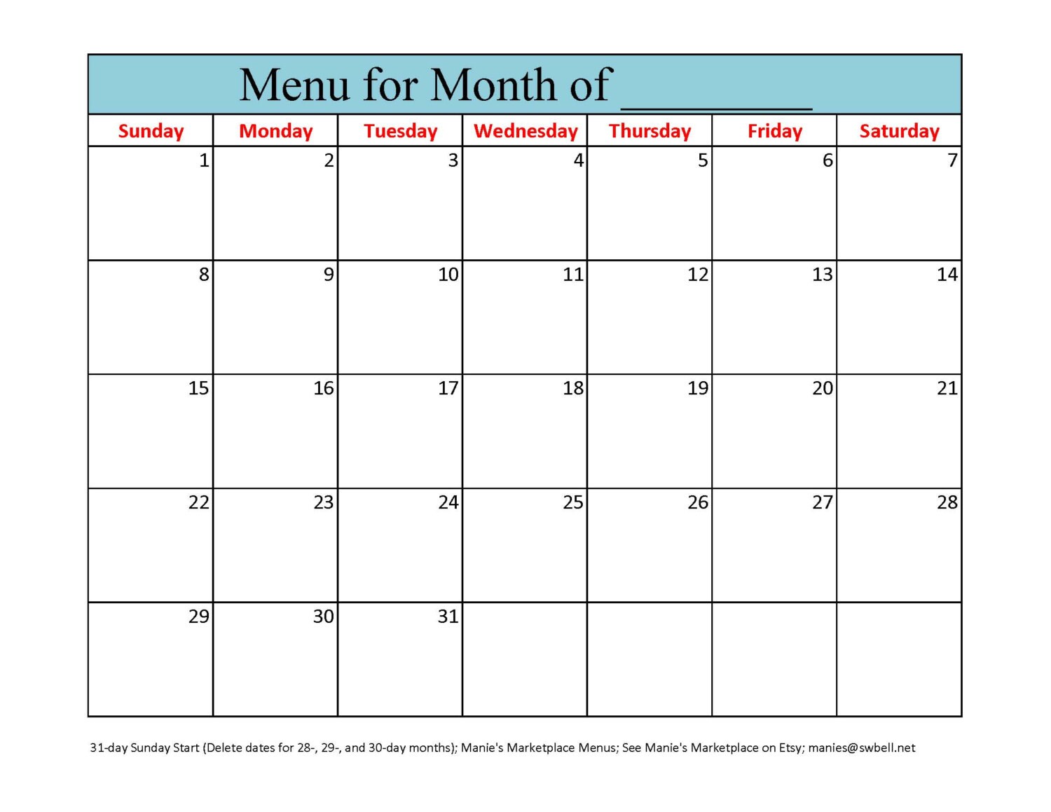 Menus, Schedules, Calendars Excel File - Etsy