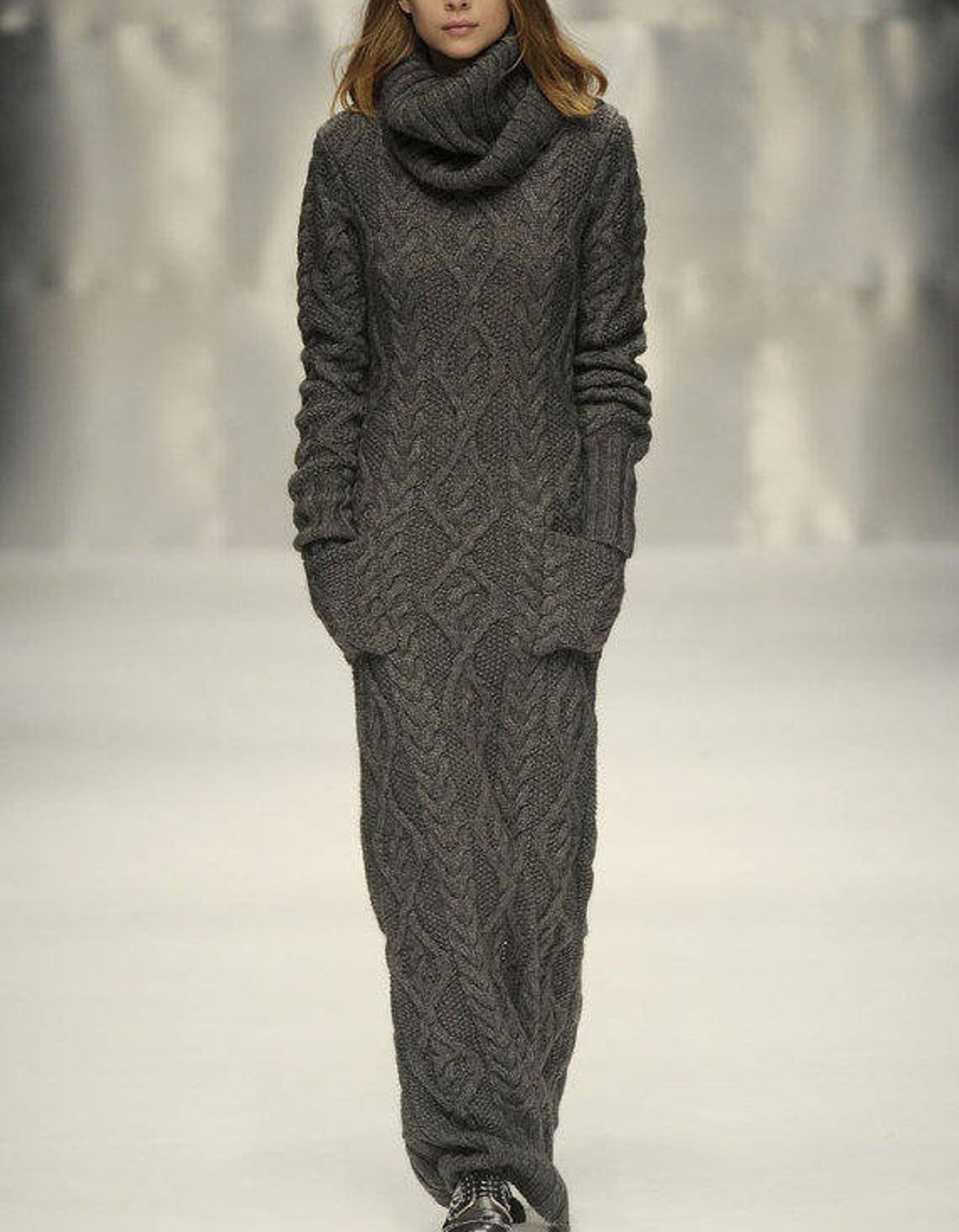 Long Knitting Dress With Braids & Pockets Sidewayswinter - Etsy