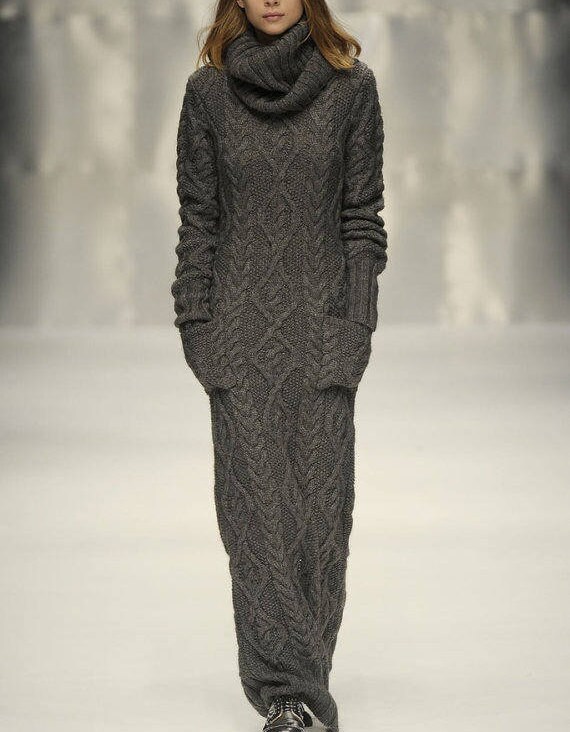 Long Knitting Dress With Braids & Pockets Sidewayswinter - Etsy