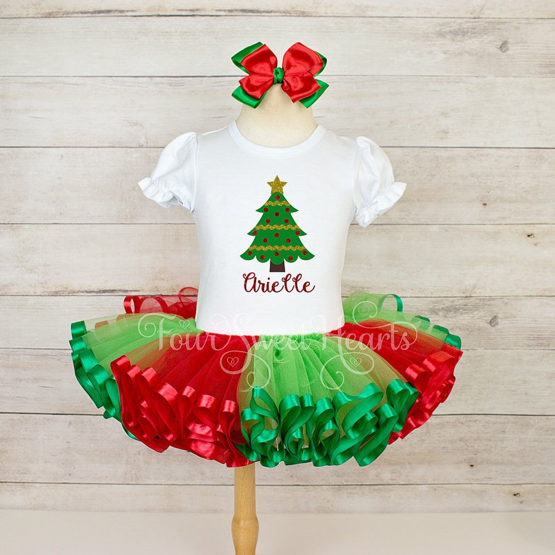 Girls Christmas Tree Outfit: Personalized Shirt, Red & Green Tutu - Etsy