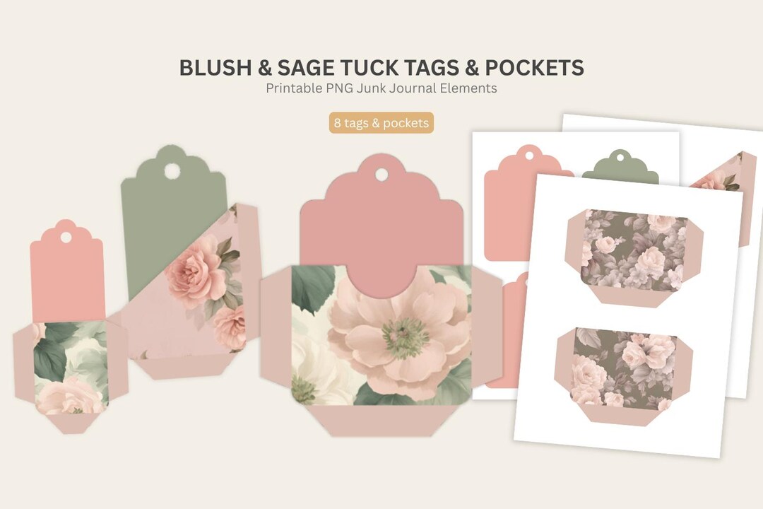Printable Tuck Tags and Matching Pockets Set Pink and Sage Green Floral ...