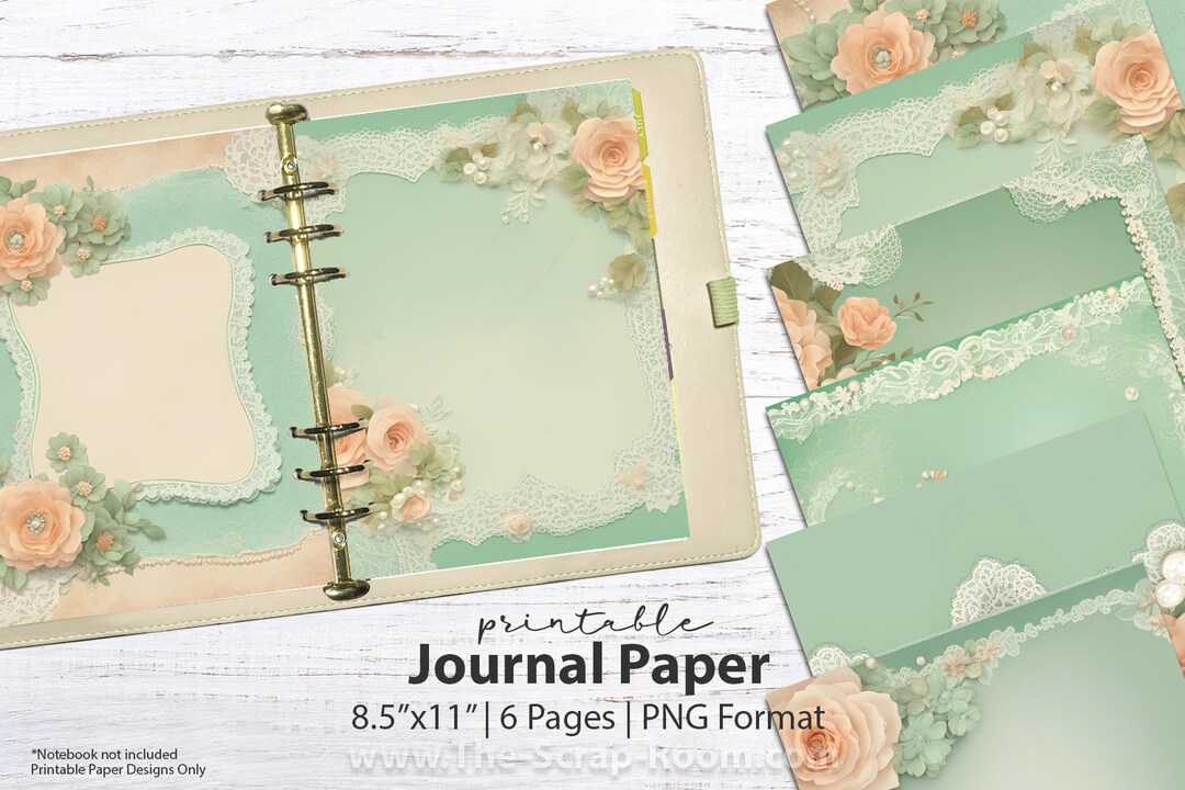 Vintage Mint Green and Peach Floral Paper Digital Paper Junk Journal ...
