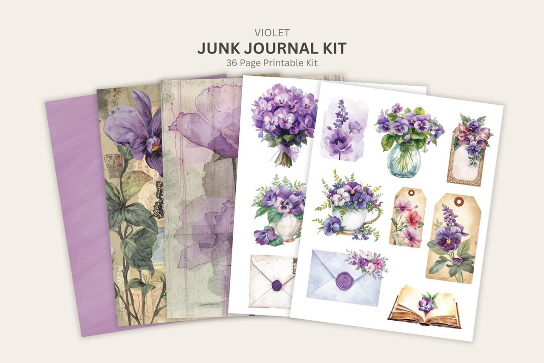 Violet Junk Journal Kit Vintage Floral Ephemera Printable Cottagecore ...