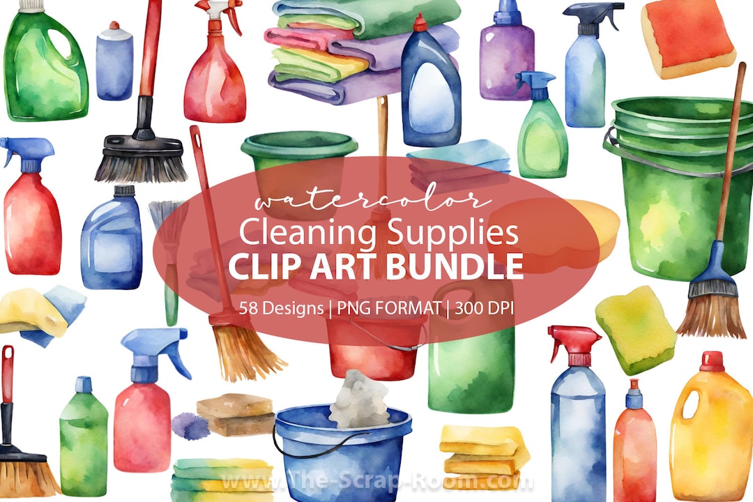 Cleaning Supplies Clip Art Bundle PNG Home Clipart, Watercolor Clip Art ...