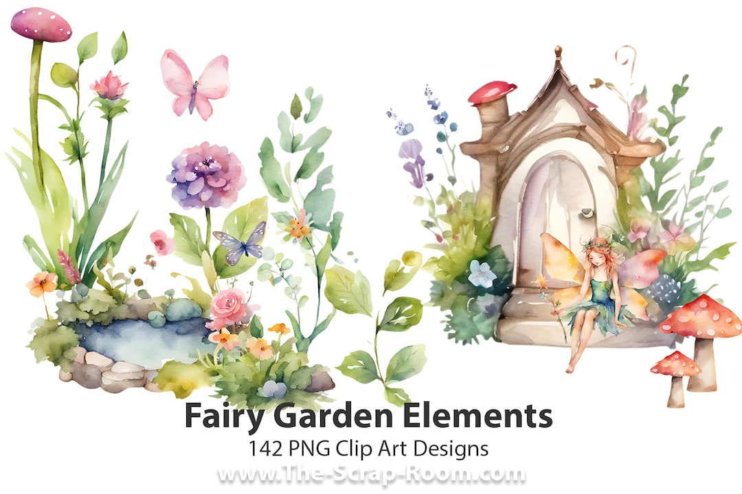 Fairy Garden Clip Art Bundle Watercolor Fairy Houses Flowers Fantasy ...