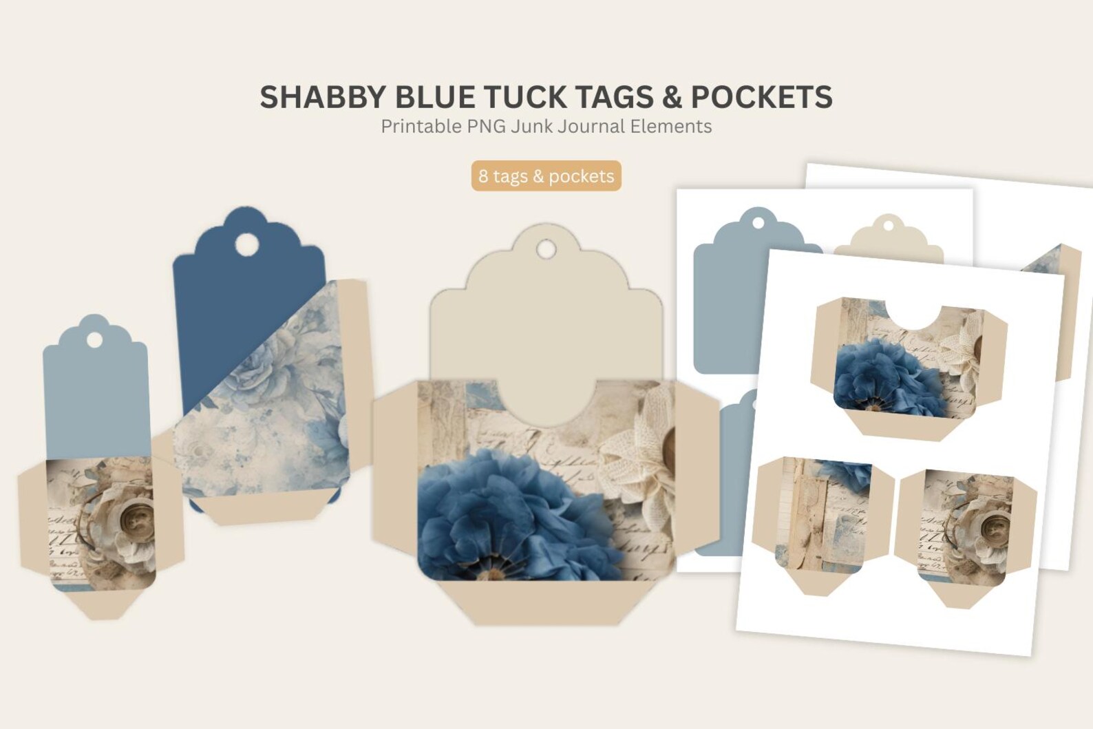 Printable Tuck Tags and Matching Pockets Set Blue Shabby Floral ...