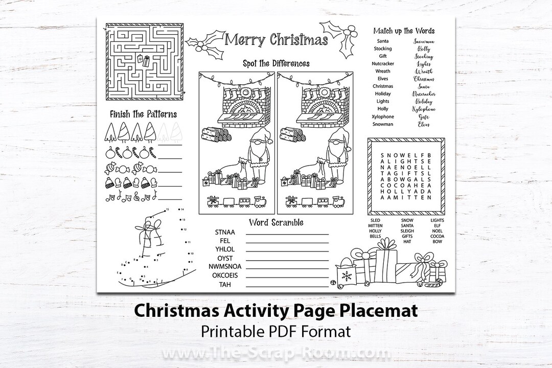 Christmas Fun Printable Kids Placemat Festive Puzzles, Coloring, and ...