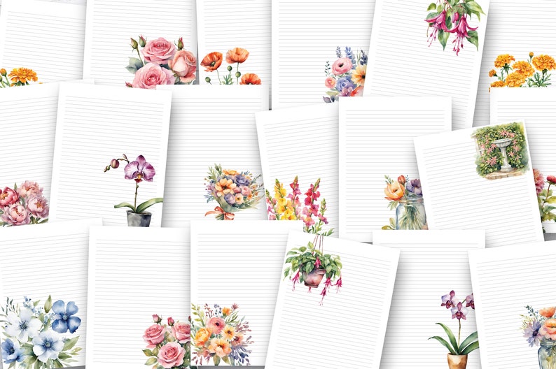 Printable Lined Paper With Watercolor Flowers College Ruled Digital ...