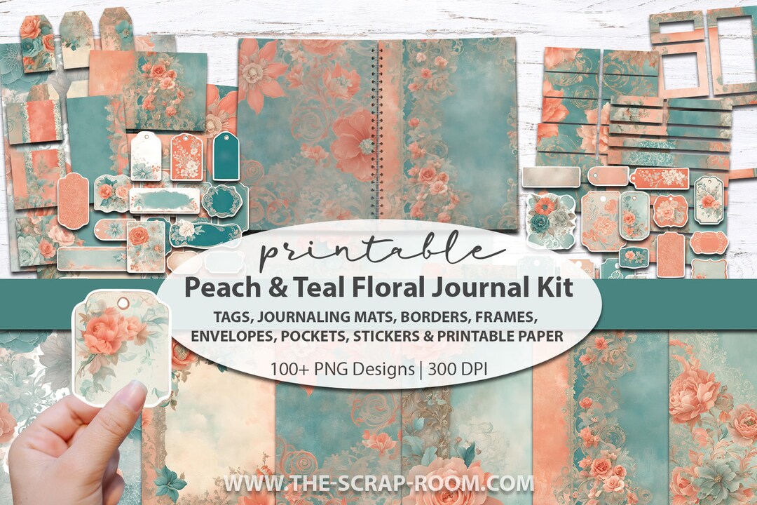 Printable Peach and Teal Junk Journal Kit: Digital, Papers, Tags ...
