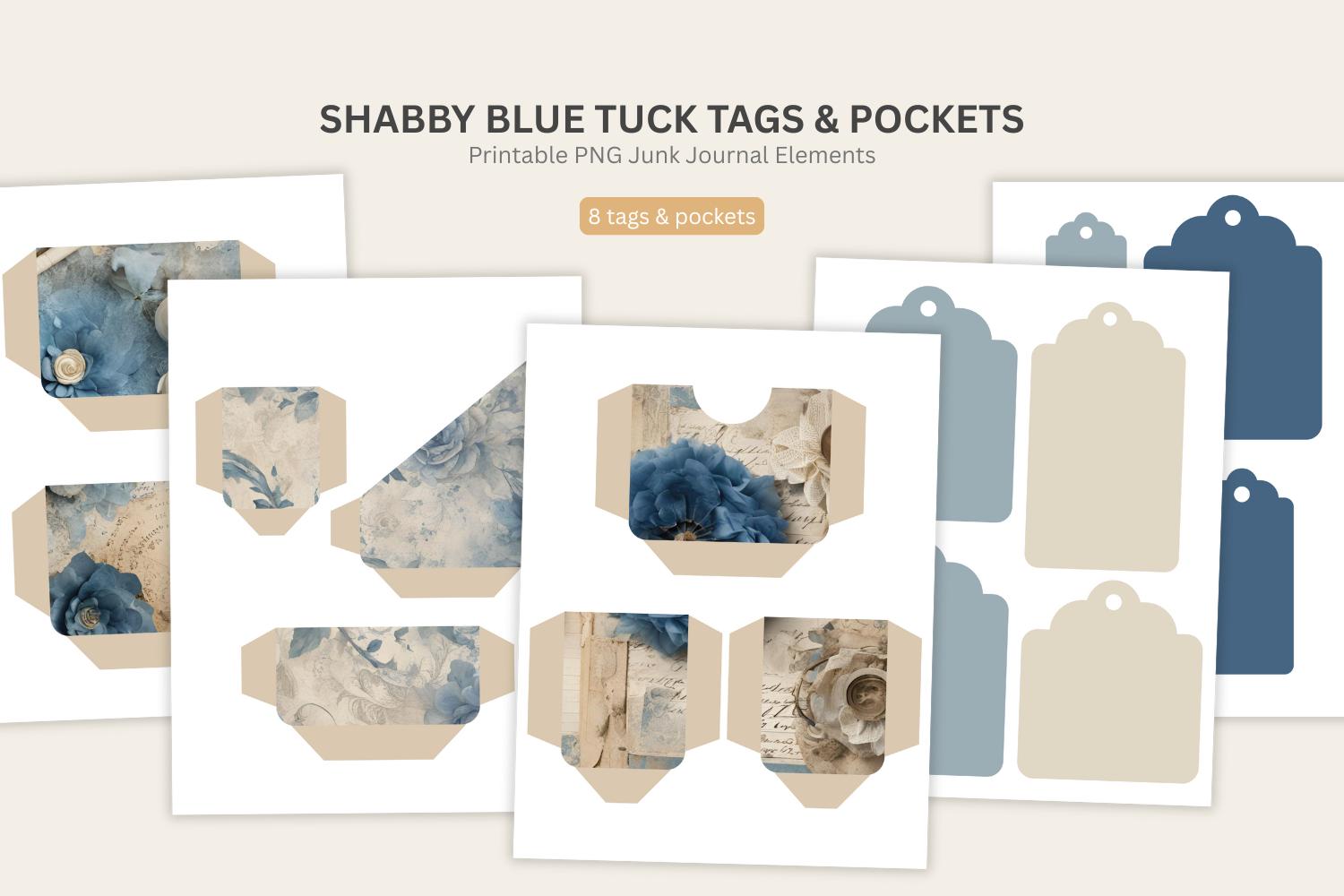 Printable Tuck Tags and Matching Pockets Set Blue Shabby Floral ...