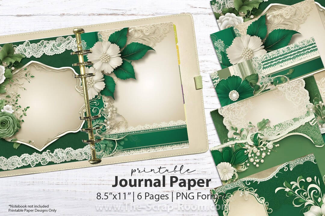 Vintage Emerald Green and Cream Floral Paper, Digital Paper, Junk ...