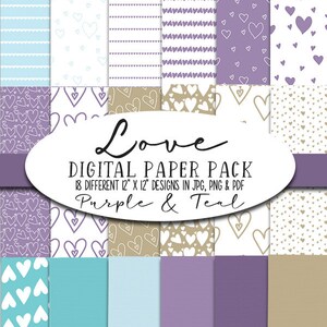 Digital Paper / Backgrounds Kit Purple and Teal Hearts - Etsy