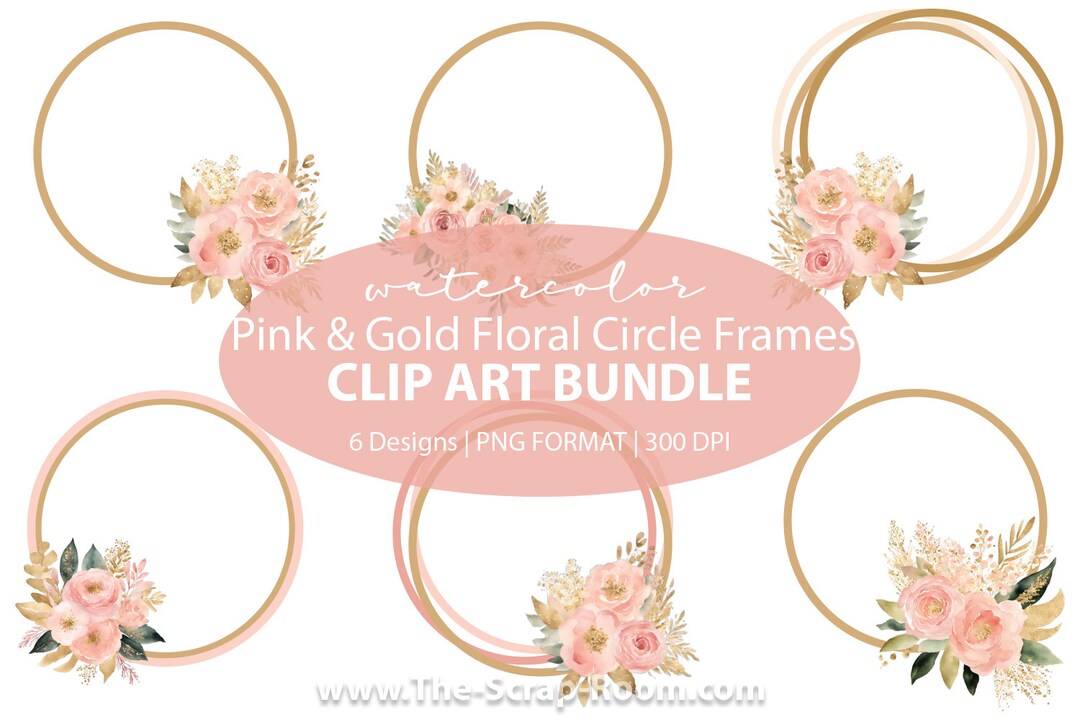 Blush Pink and Gold Floral Frames, Watercolor Clip Art Designs, Floral ...