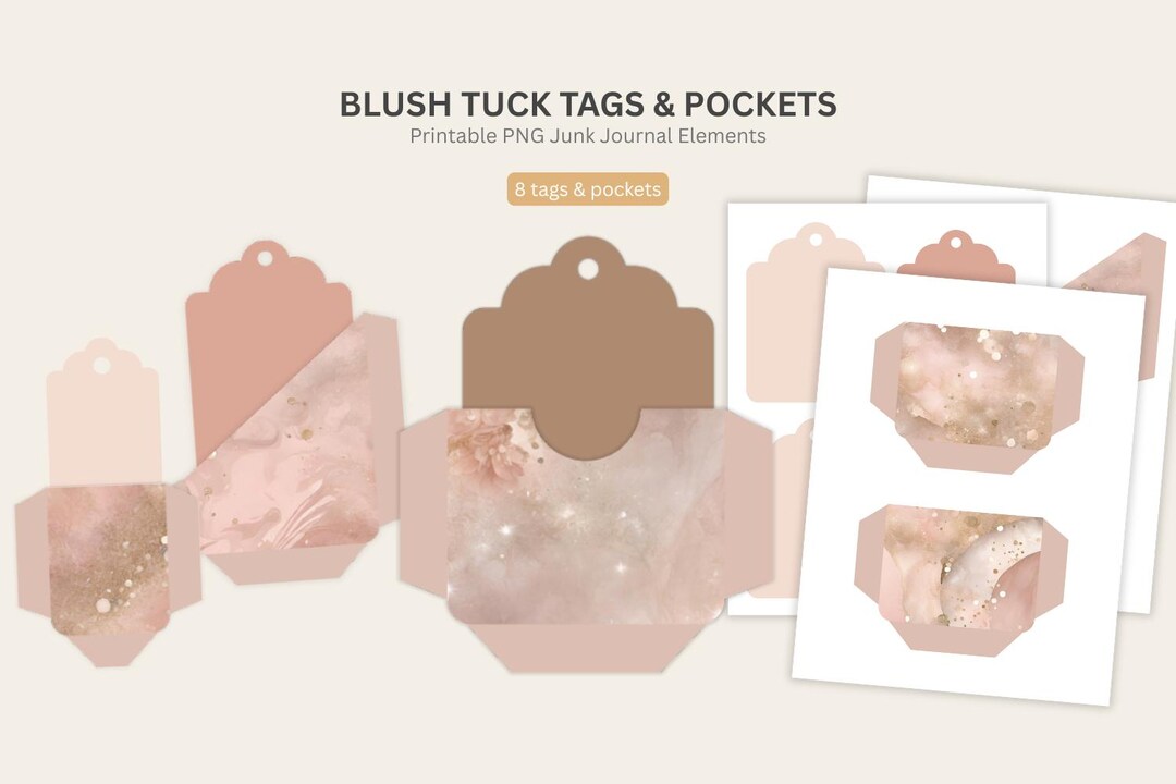 Printable Tuck Tags and Matching Pockets Set Pink and Gold Ephemera for ...