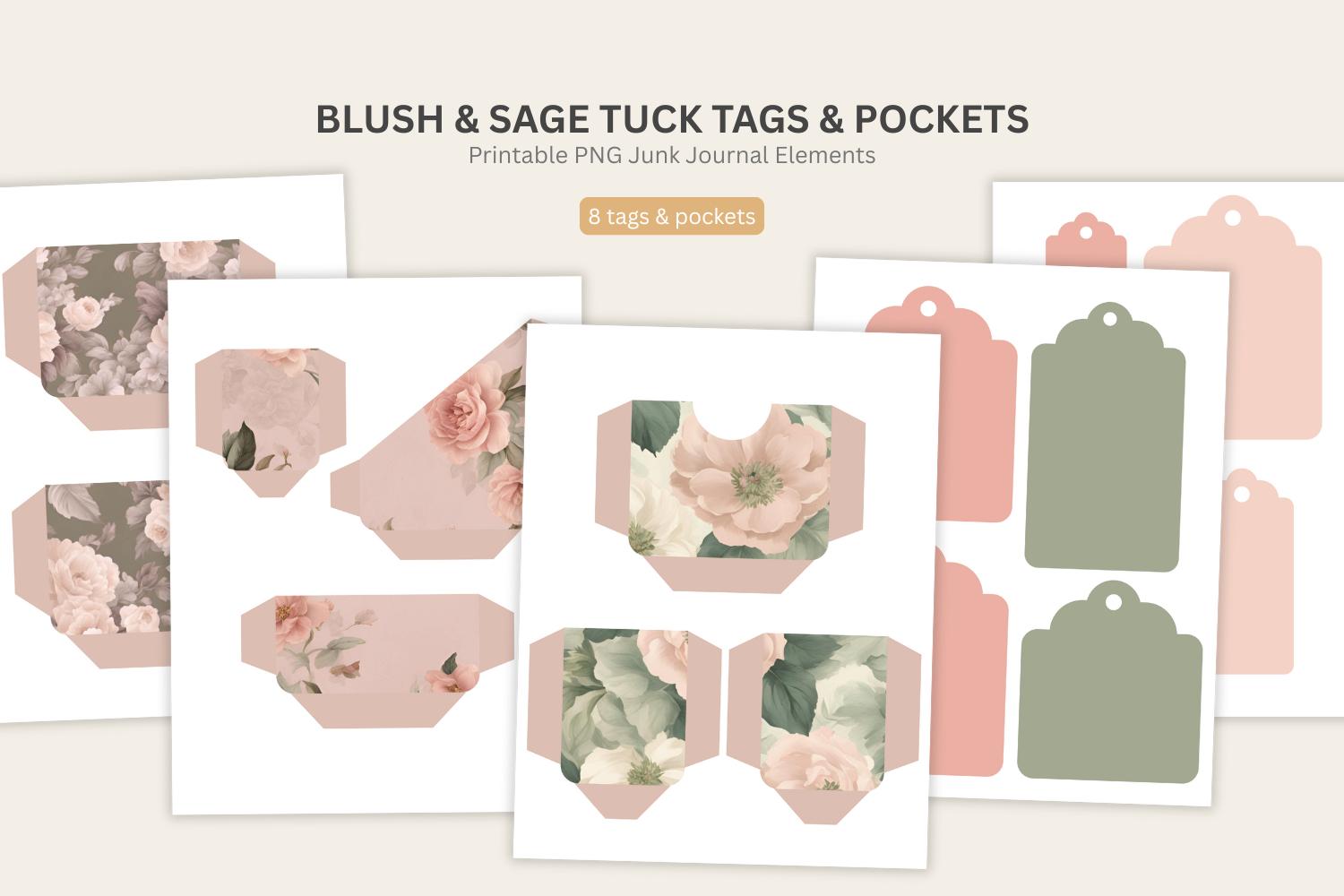 Printable Tuck Tags and Matching Pockets Set Pink and Sage Green Floral ...