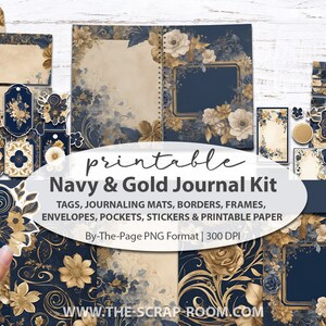 Printable Navy Blue & Gold Junk Journal Kit: Digital, Paper, Tags ...