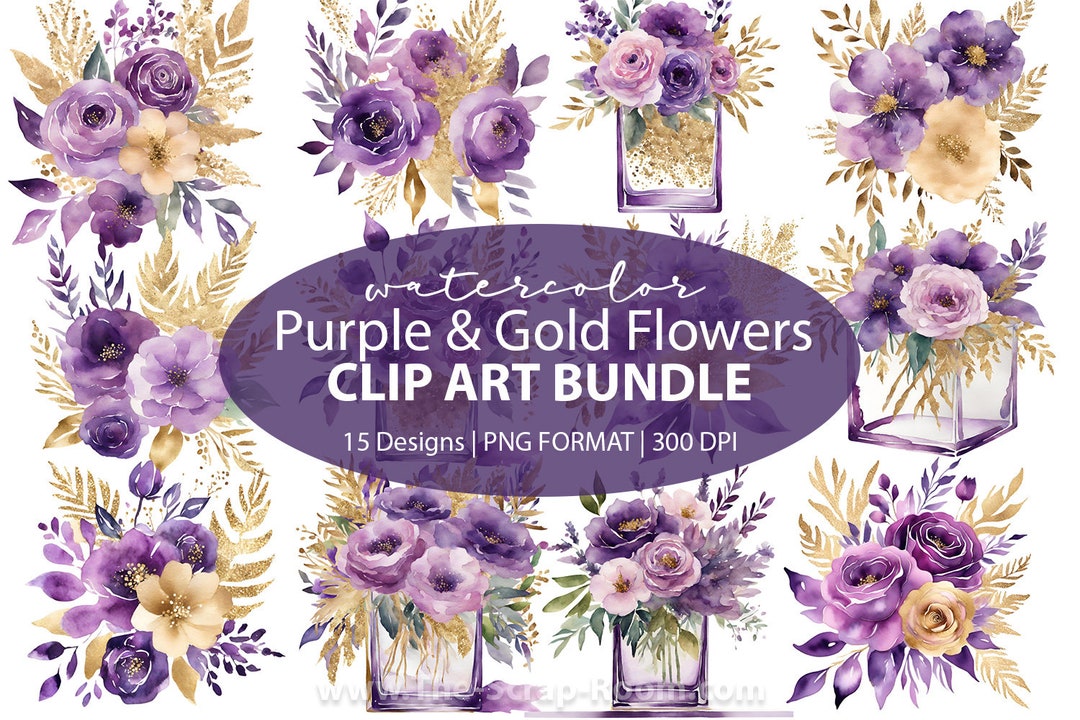 Purple and Gold Flowers Watercolor Clip Art Designs, Purple Floral Clip ...