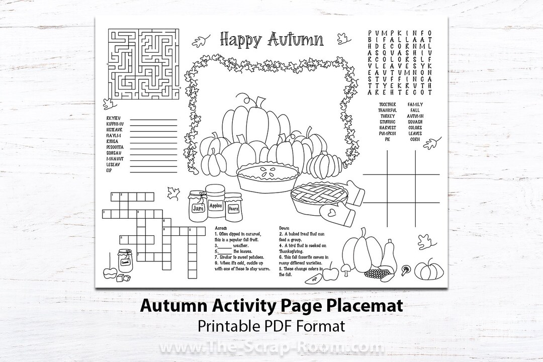 Fall / Autumn Fun Printable Kids Placemat Festive Puzzles, Coloring ...