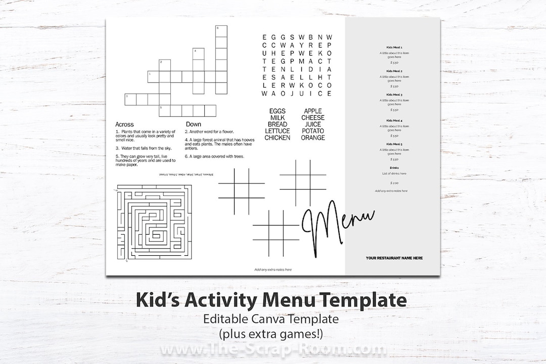 Kids Menu EDITABLE Printable Activity Menu Template (#2) Kids Menu ...