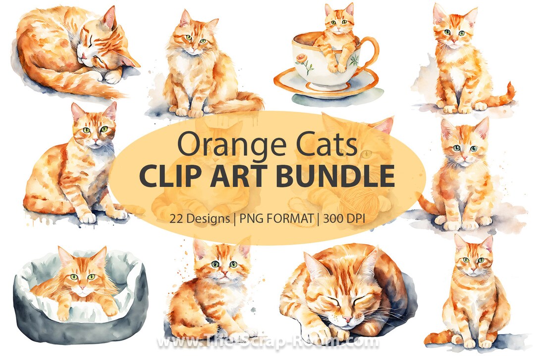 Orange Cats Watercolor Clip Art Designs, Orange Cat Clip Art, Orange ...