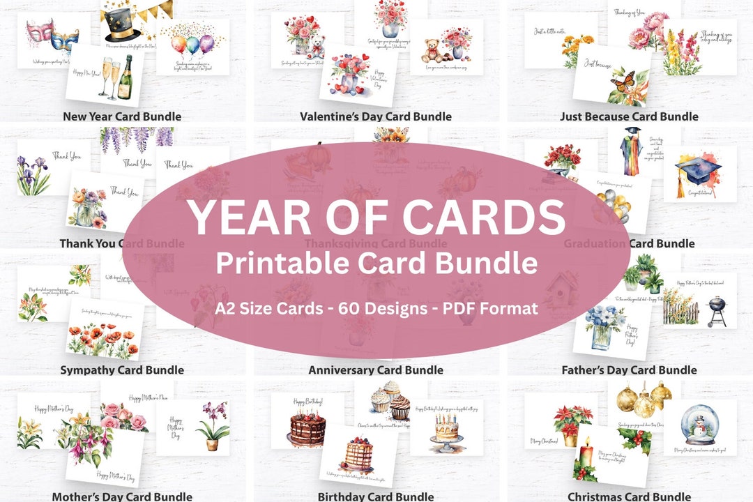 Printable Card Bundle YEAR OF CARDS Bundle Pdf Card Floral Card ...