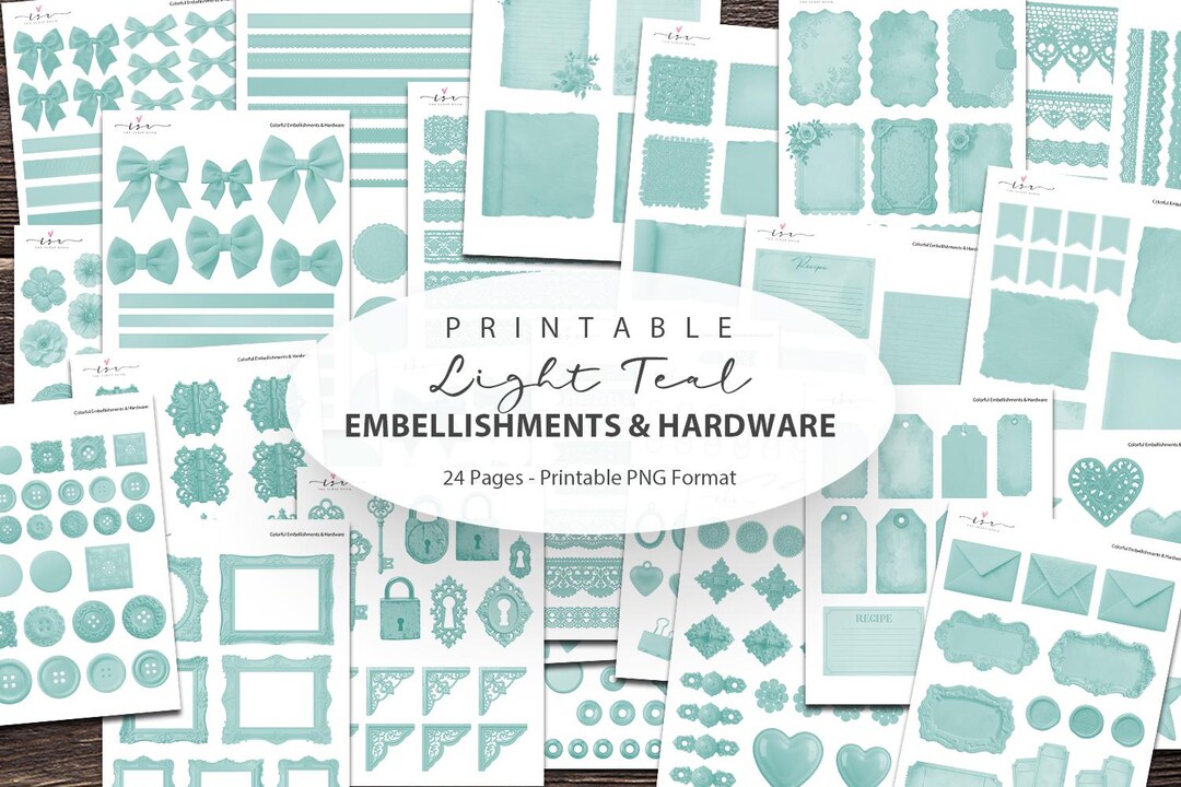 Teal Paper Craft Printable Hardware Embellishments Tag Ribbon for ...