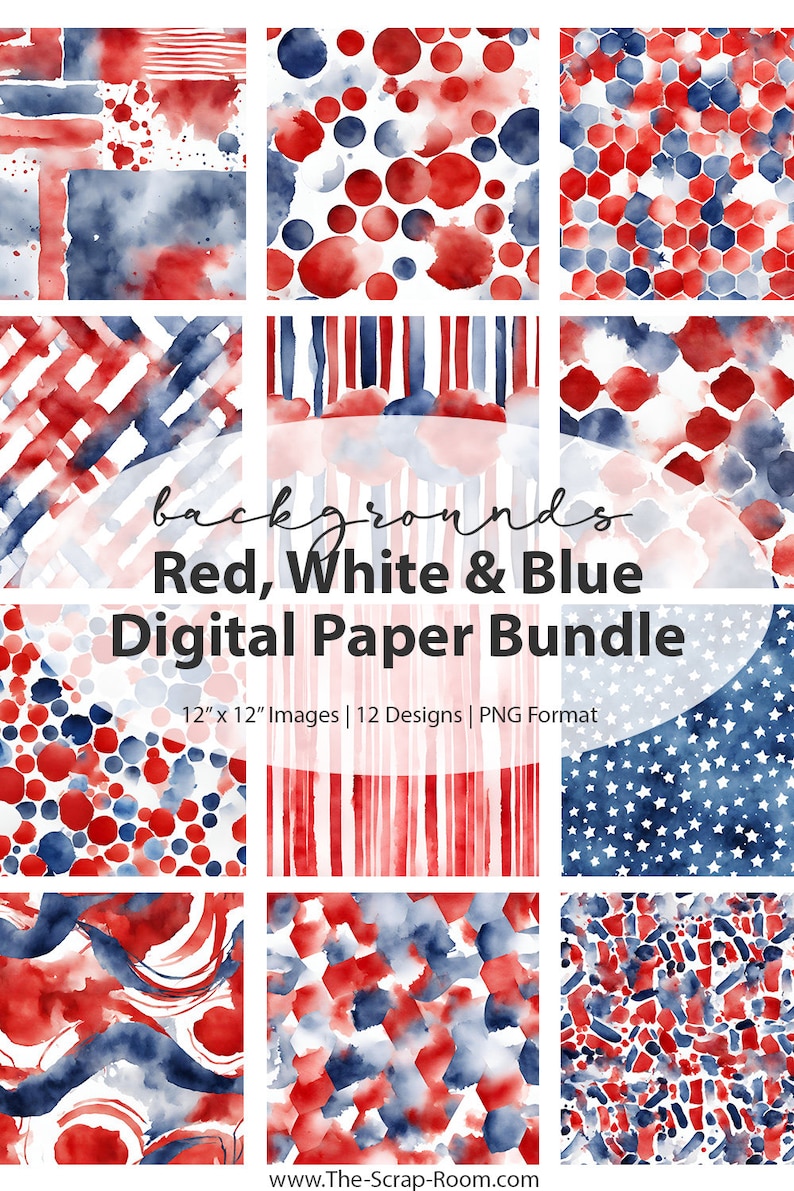 Red White and Blue Watercolor Digital Paper Pack Watercolor Paper ...