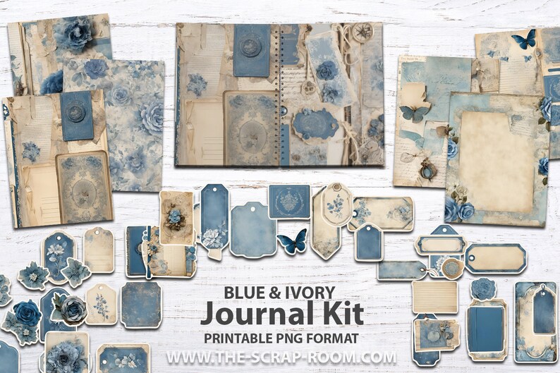 Printable Junk Journal Kit Blue and Gold Vintage Ephemera Elegant ...