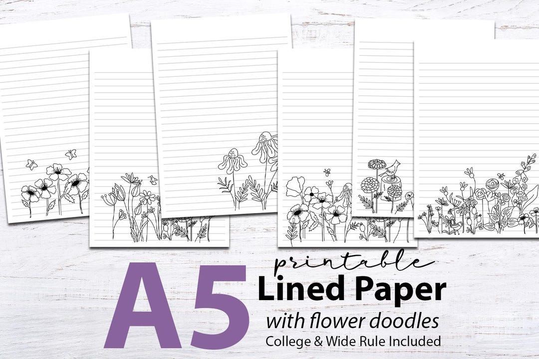 Printable A5 Lined Paper With Flower Doodles College Ruled and Wide ...