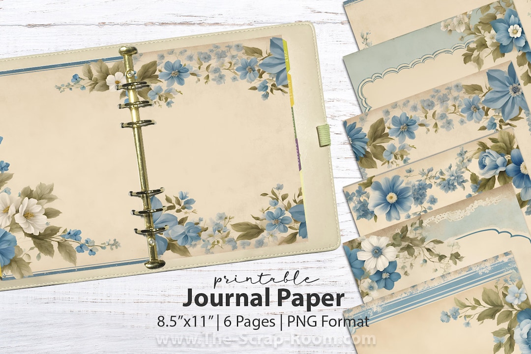 Vintage Blue Floral Paper, Digital Paper Pack, Junk Journal Paper ...