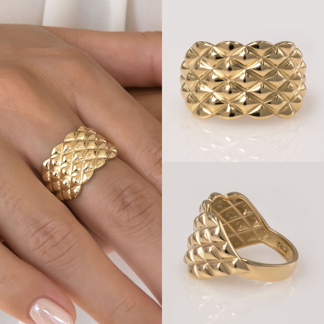 14k Solid Gold Quilted Ring, Real Yellow Gold 3D Ring, Capitone Bubble ...