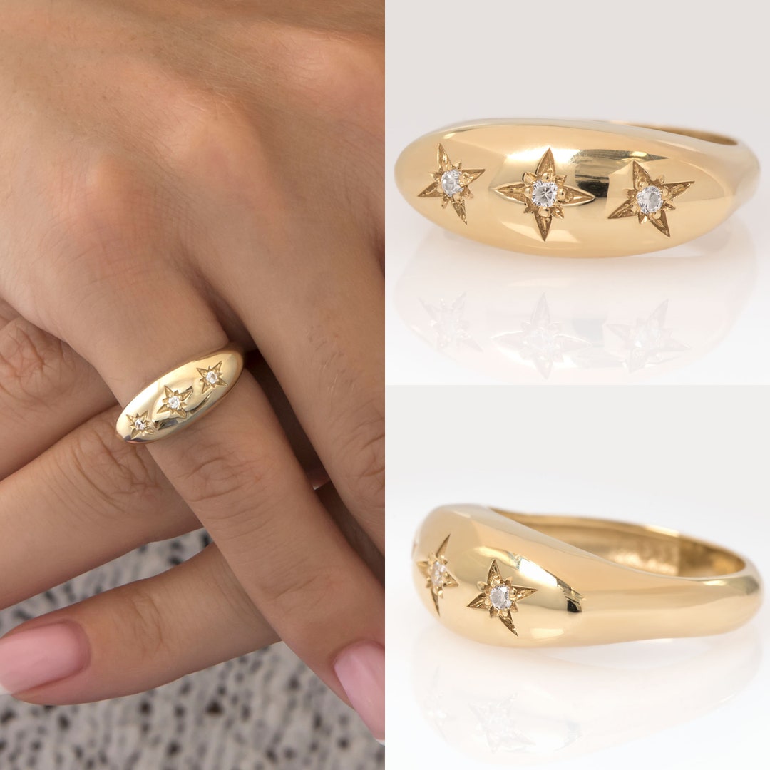 14K Solid Gold Diamond North Star Ring, 14k Gold Star Signet Ring, 14k ...