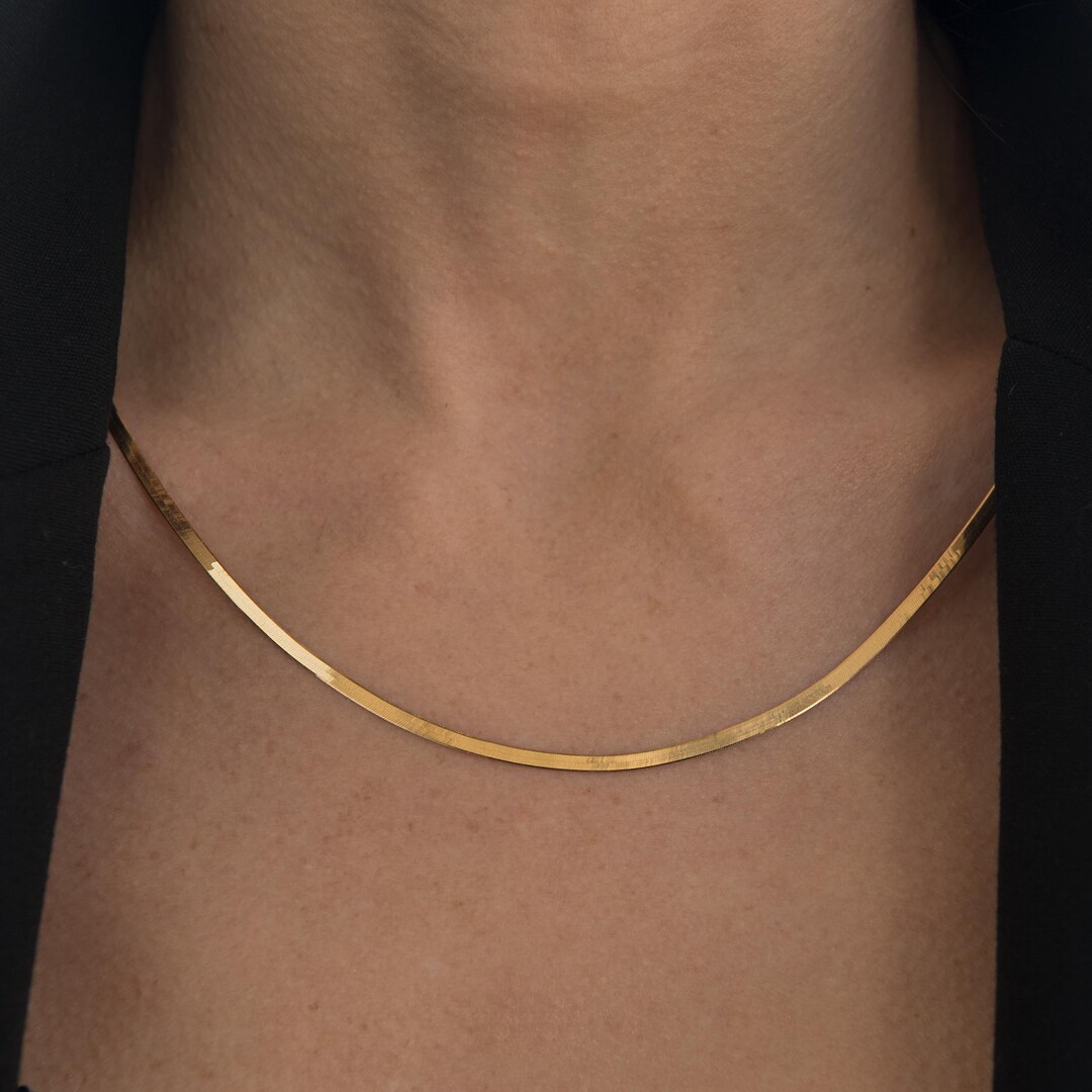 14k Gold Italian Snake Chain Necklace 3mm, Herringbone Necklace, Flat ...