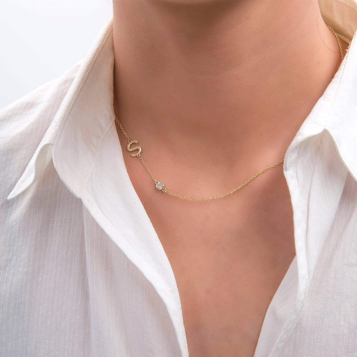 Initial Necklace Sideways Initial Letter 14k Gold Asymmetrical
