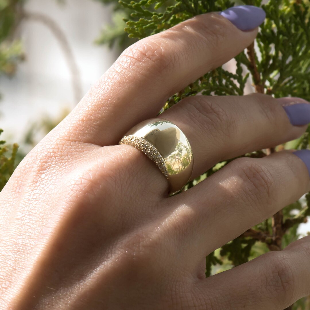 Gold Wide Gemstone Ring, Pinky Signet Ring, Solid Gold 14k Flat Ring ...