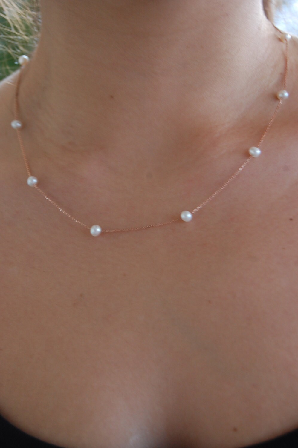 Floating White Pearls Pearl Necklace Gold Wedding Necklace 14k