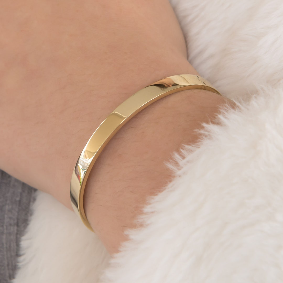 Flat Gold Bracelet Bangle, Hinged Dainty Bracelet, 14K Solid Gold ...