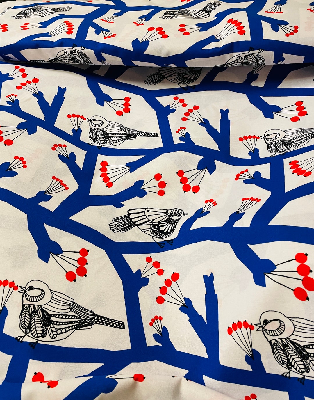 Marimekko Pikku Pakkanen, Blue Red Cotton Fabric , Sold by Half Yard ...
