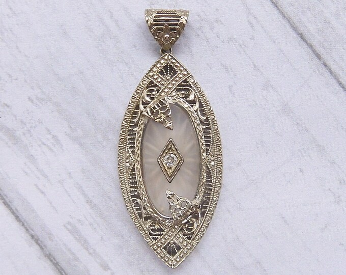 Art Deco Camphor Glass 14k White Gold Filigree Pendant With - Etsy