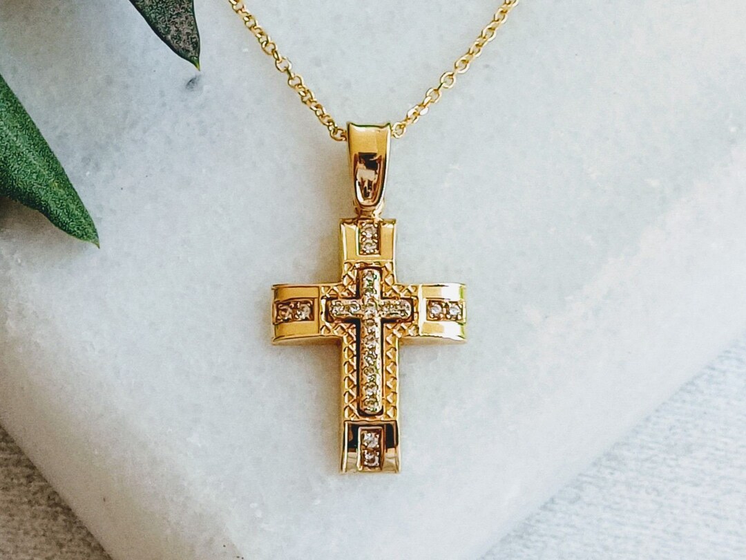 14k Gold Cross.baptism Yellow Gold Cross.cross for Girl.swarovski Stone ...
