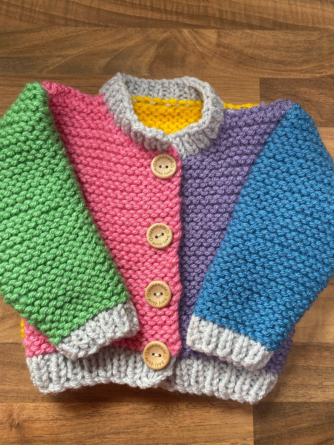 9m Colourful Cardigan 9m Rainbow Pastels 9m Hand Knitted in Chunky Wool ...