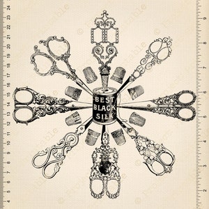 ORNATE SCISSORS Instant Download SEWING Fabric Transfer Vintage Thimble ...