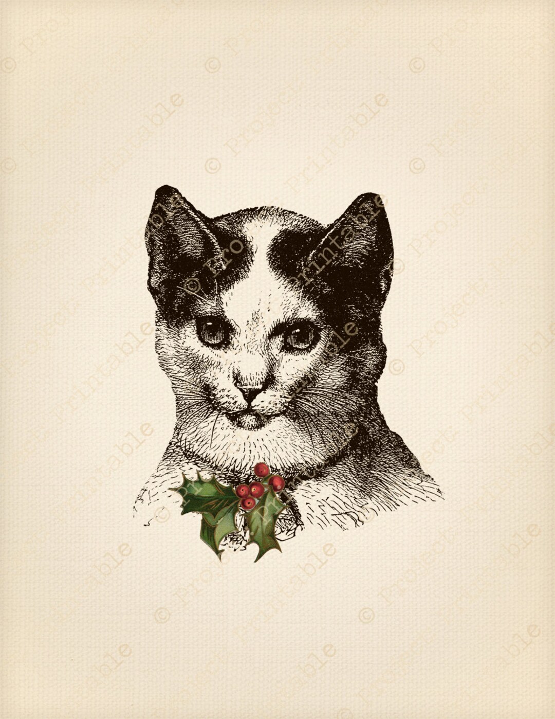 CHRISTMAS CAT Instant Download Printable COLOR Holly Fabric Image ...