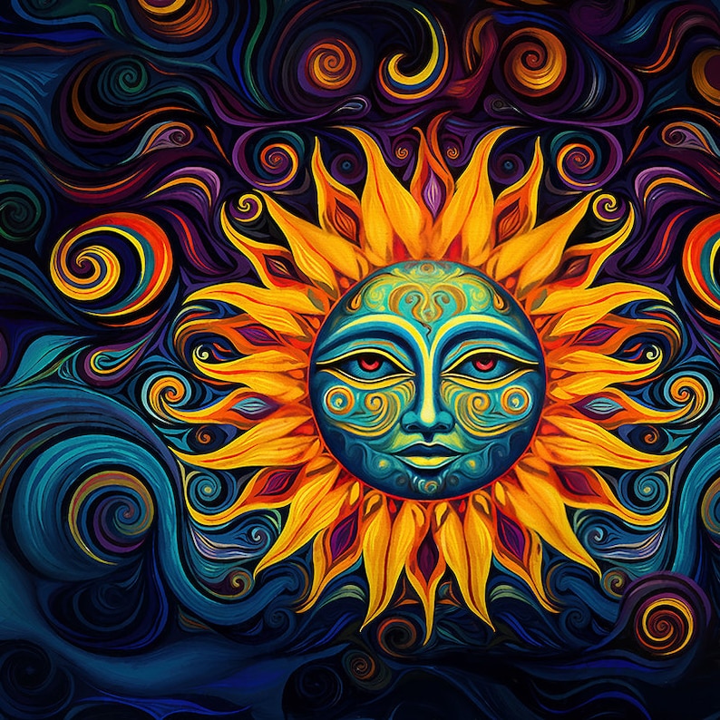 Sun Wall Art, Sun Face Print, Sun Art Print, Psychedelic Sun, 60s Art ...