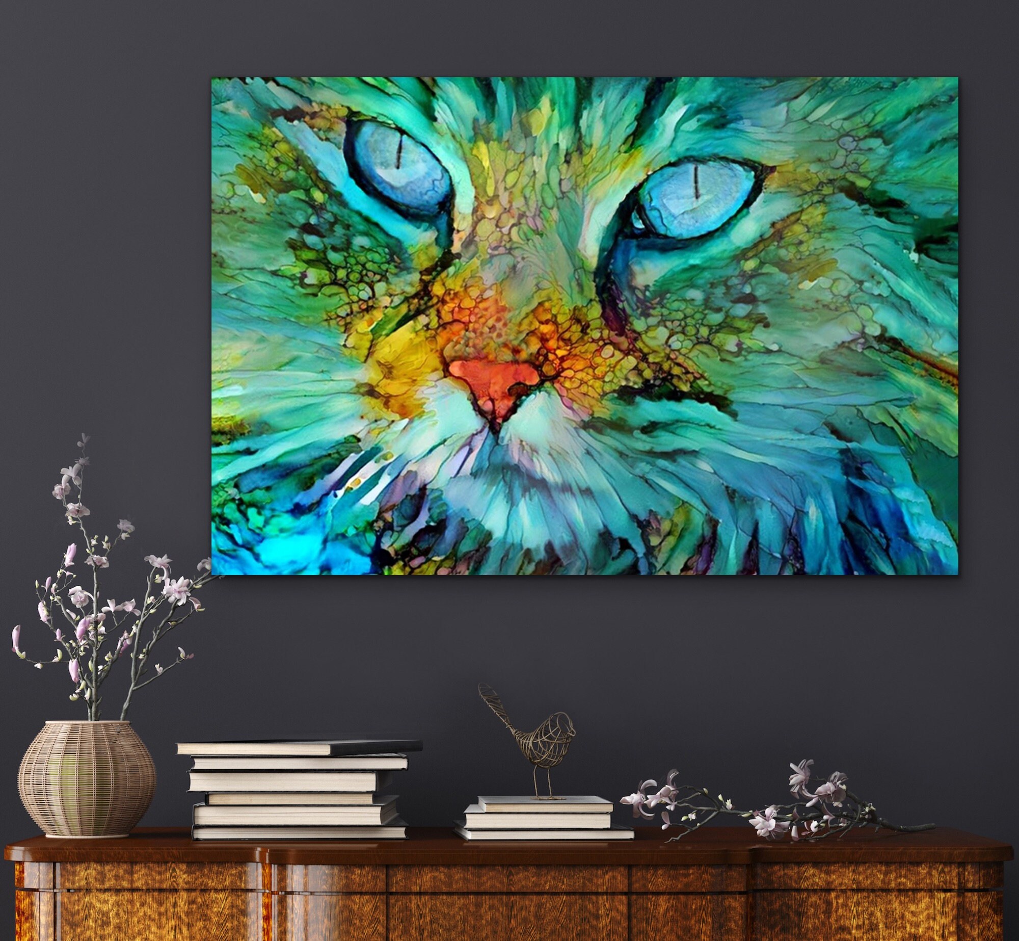 Blue Cat Art Colorful Cat Print Cat Artwork Alcohol Ink - Etsy