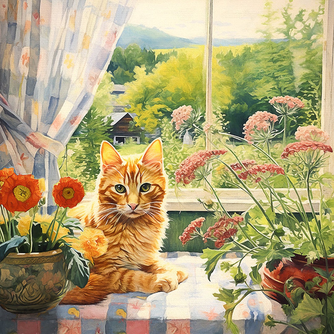 Ginger Cat Art Print, Orange Tabby Cat, Cat and Flowers, Country ...