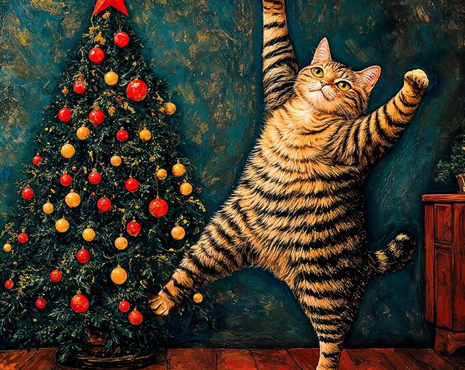 Christmas Cat Art, Tabby Cat Art, Xmas Cat Print, Funny Cat Art ...