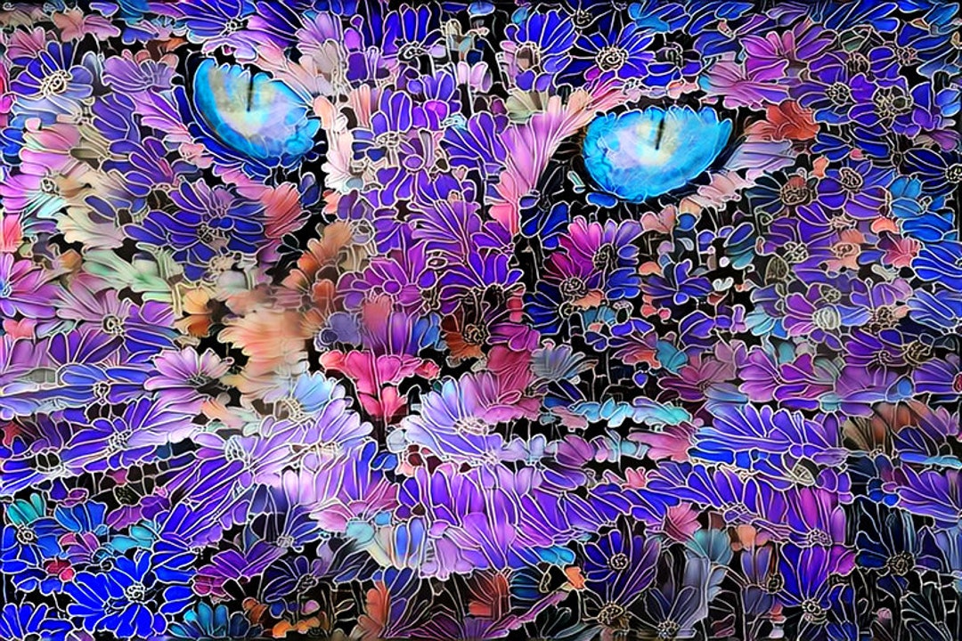 Cat Art Print, Purple Cat, Blue Cat, Colorful Cat Decor, Long Haired ...