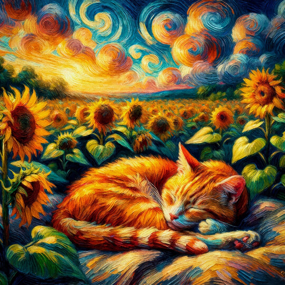 Van Gogh Cat, Ginger Cat Art, Orange Cat Print, Sunflower Art, Vincent ...