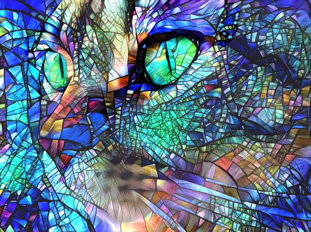Cat Artwork, Cat Art Print, Stained Glass Cat, Colorful Cat Art, Tabby ...